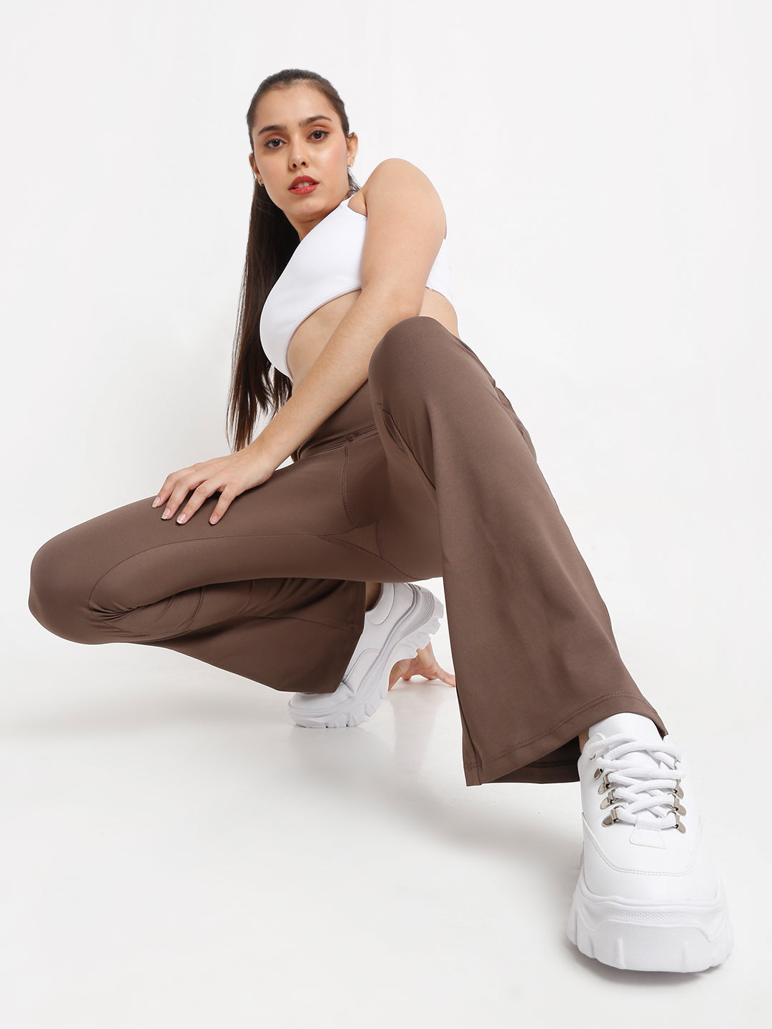 Brown Flare High Waisted Essential Pants With Pockets
